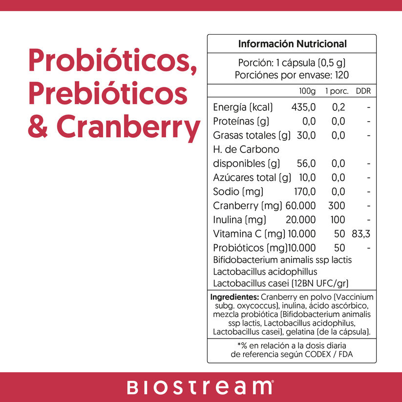 Probióticos, Prebióticos & Cranberry 120 Capsulas – Biostream.cl